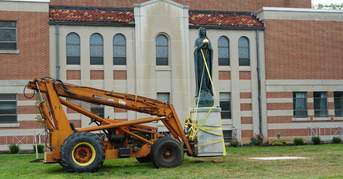 Virgo Potens Statue Installed Outside Basilica - Seton Shrine